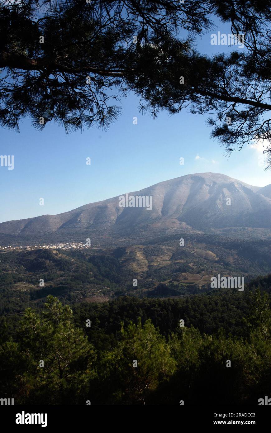Greece, Rhodes island Embonas village and Atavyros mountain Stock Photo ...