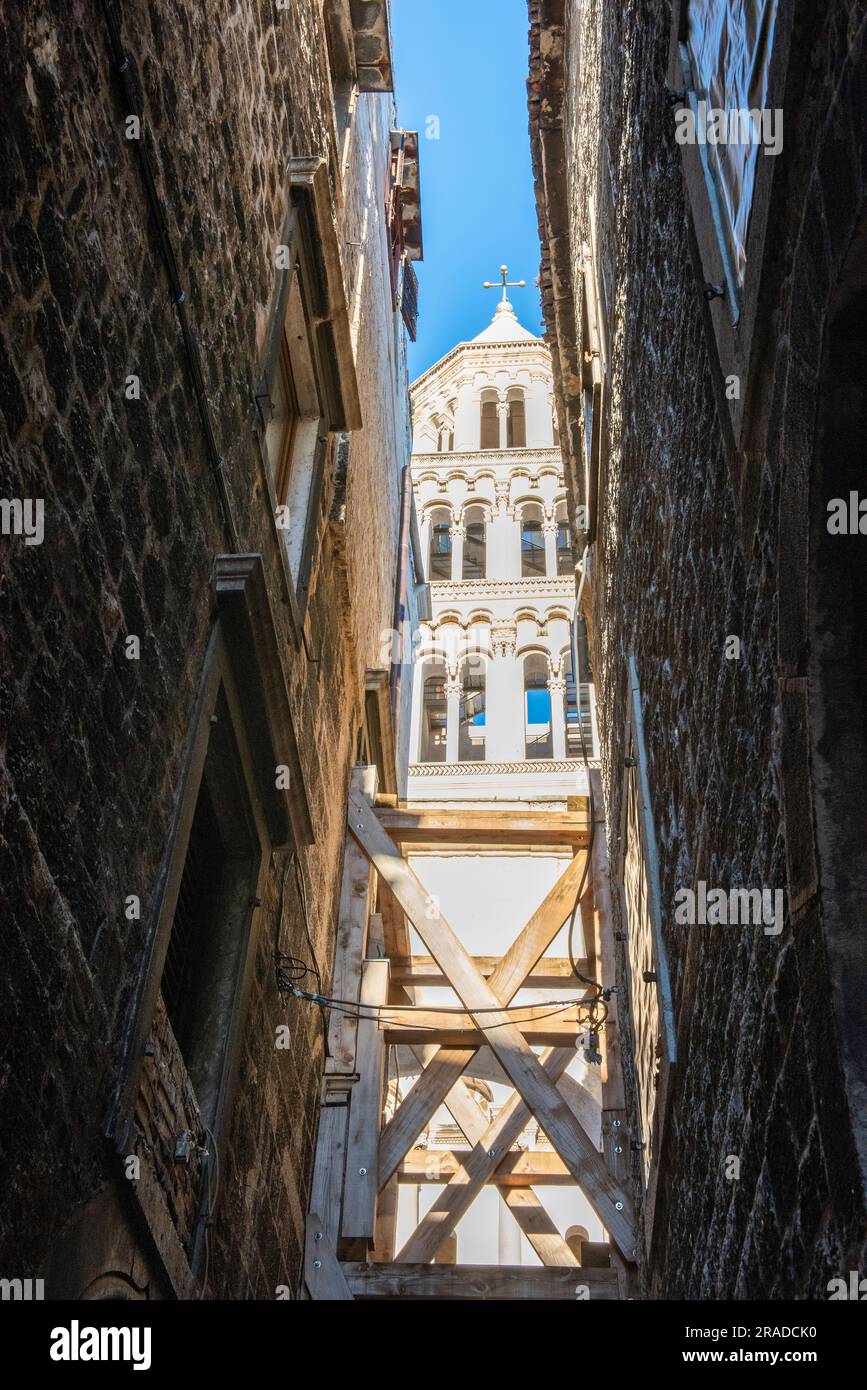unusual view of the bell tower of st dominius cathedral in grad split ...