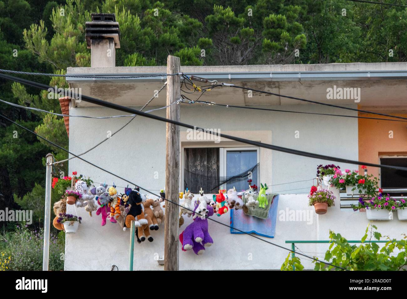 lots of cuddly toys washed and hanging out to dry and air on washing ...