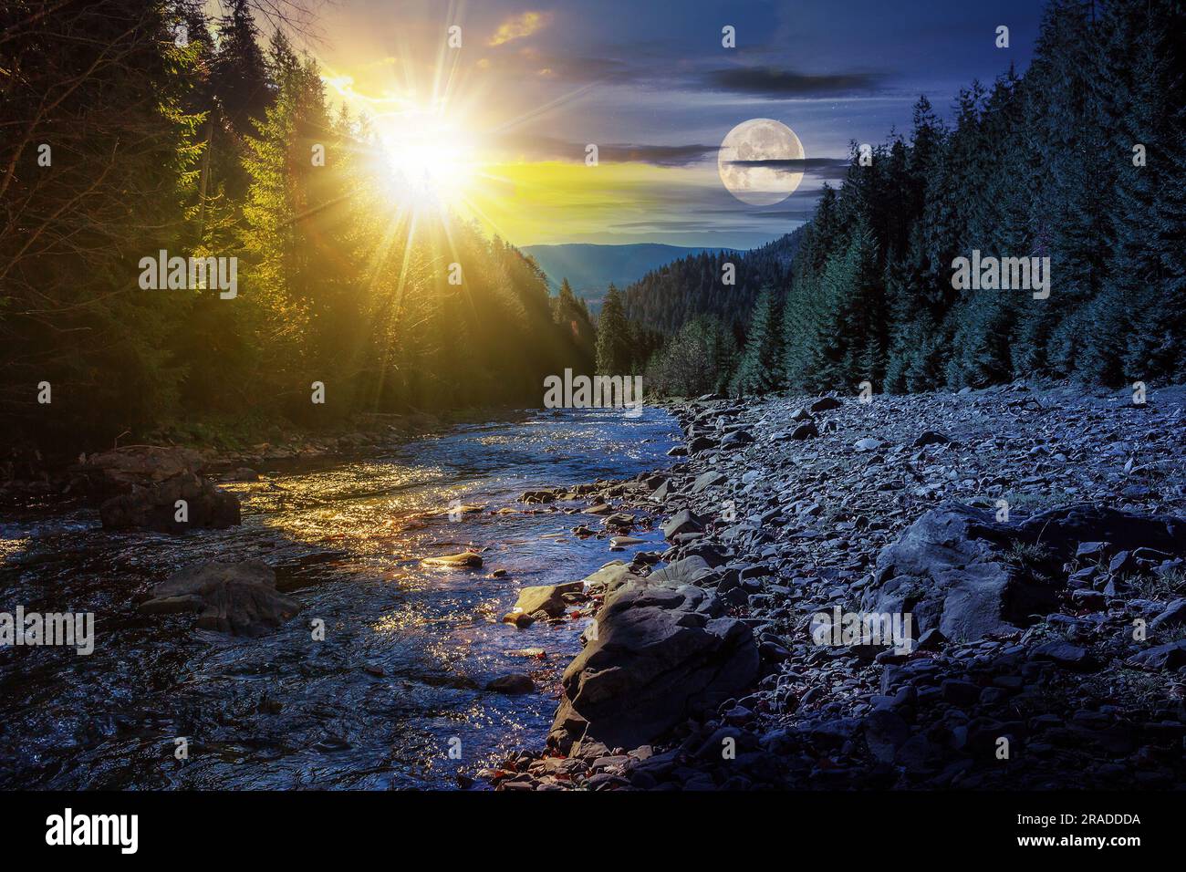 day and night time change concept. autumn landscape with sun and moon ...