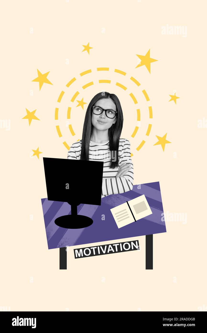 Poster artwork sketch image collage of dreamy cute lady sitting desk ...