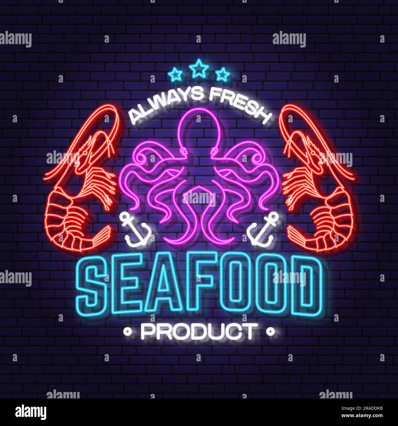 Best seafood octopus and shrimp neon sign. Always Fresh product. Vector ...