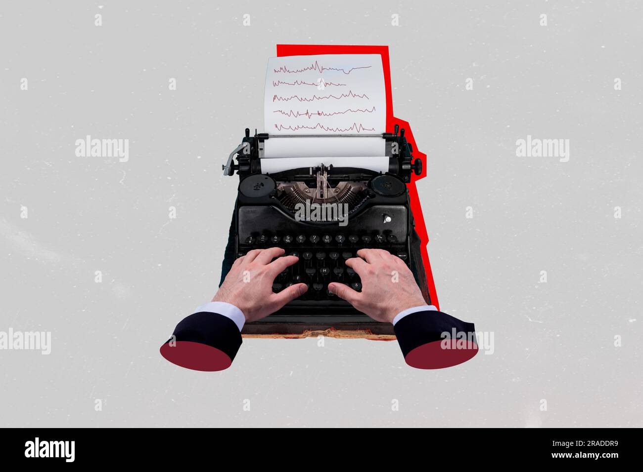 Collage illustration novelist worker author hands typing letterpress ...