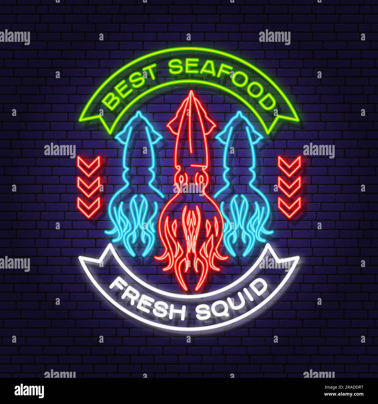 Best seafood. Fresh squid delicious neon sign. Vector. For seafood ...