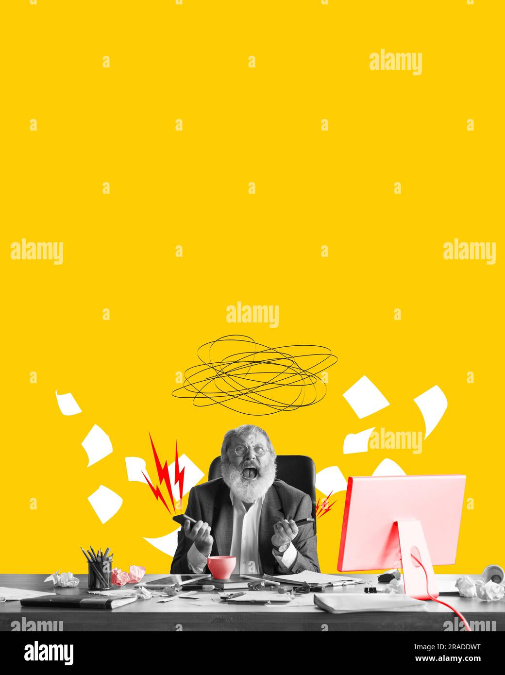 Anger and annoyance. Businessman sitting in office, looking on computer ...