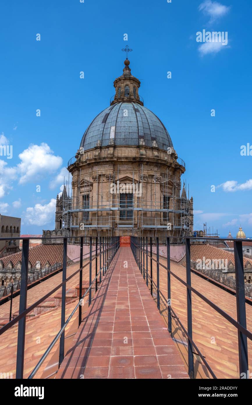Tourist route on roof of cathedral in Palermo with scaffolding on dome ...