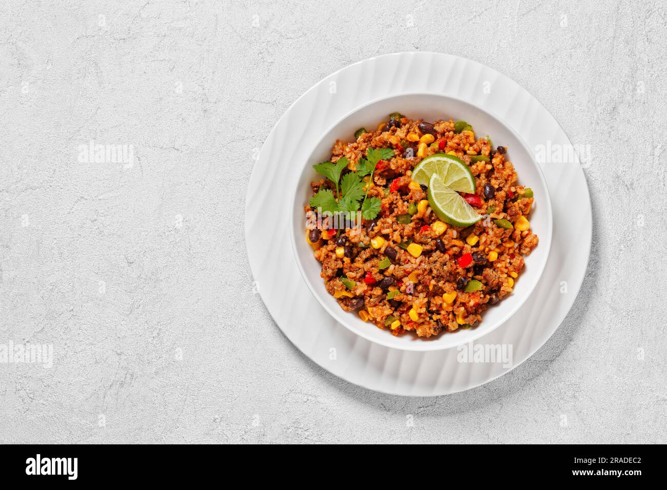 Mexican Casserole of ground beef, rice, black beans, corn, green pepper ...