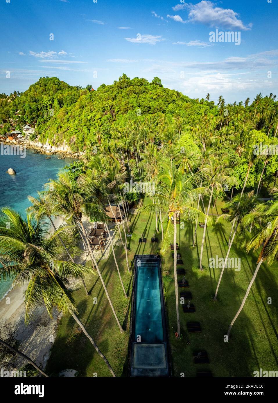 Aerial view of Haad Tien Beach and resort in Shark Bay, koh Tao ...