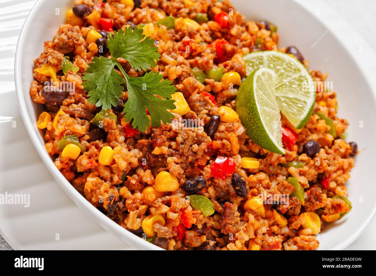 close-up of Mexican Casserole of ground beef, rice, black beans, corn ...