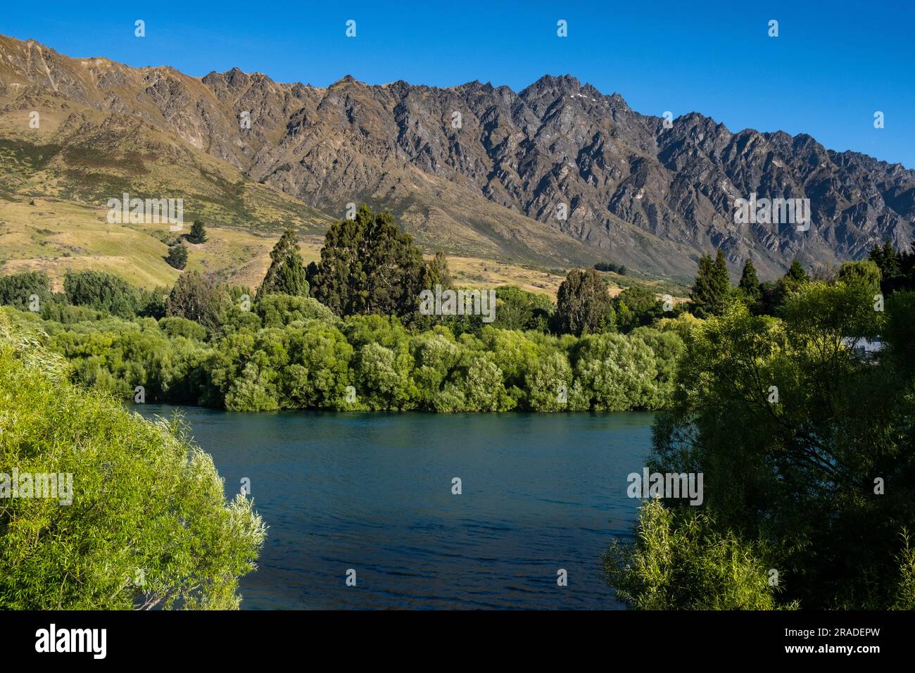 The iconic Remarkables Mountains viewed above the popular cycle path ...