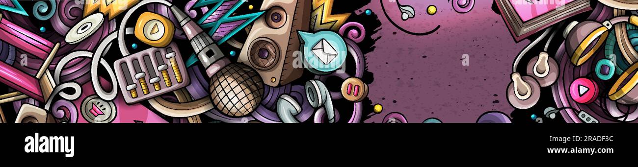 Audio Content doodle banner. Cartoon vector horizontal header. Colorful ...