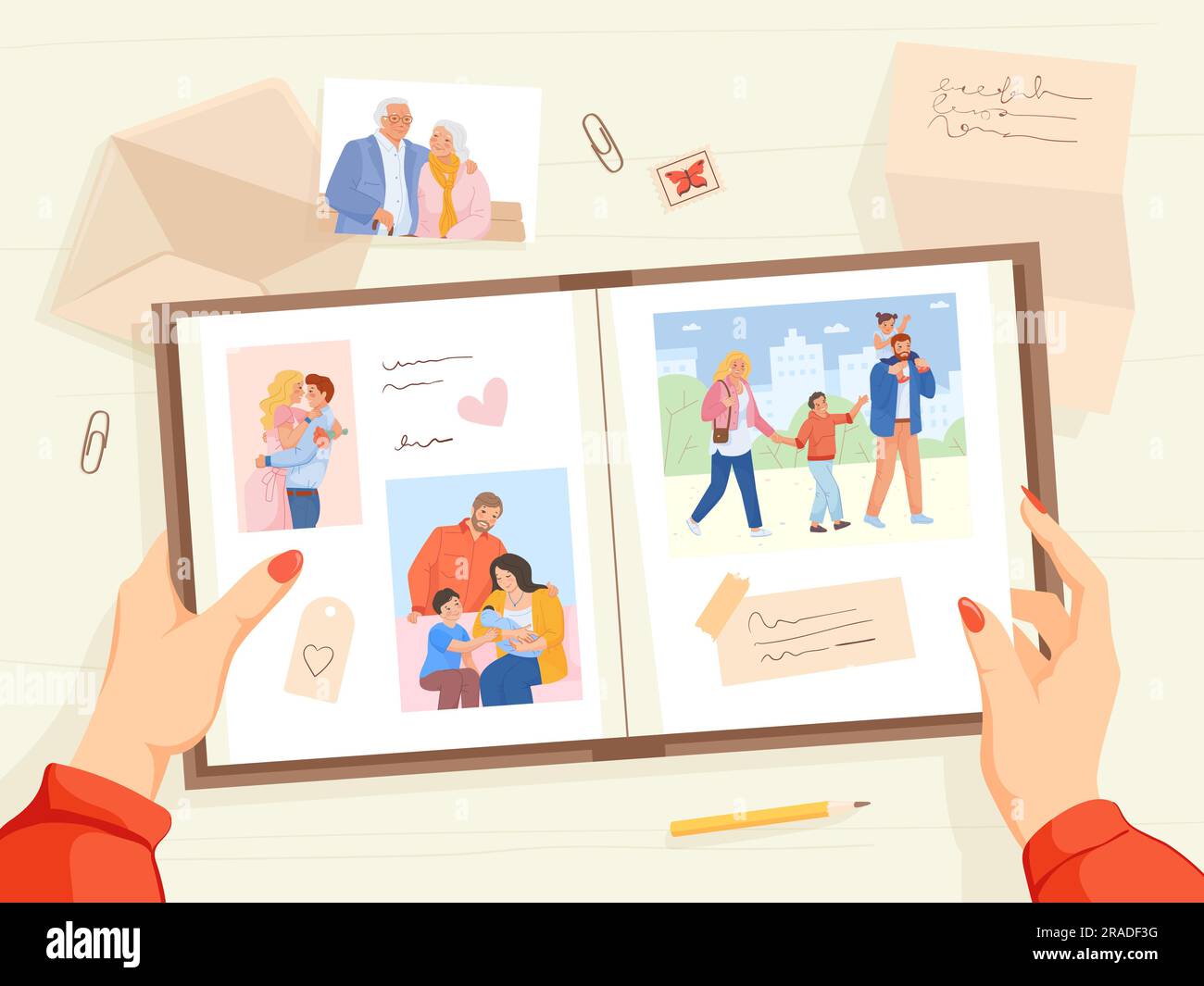 Hands holding family album. Female hand with book memory picture at ...