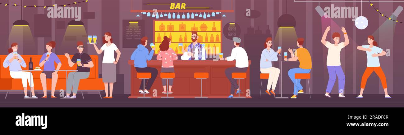 Friends in pub interior. People hangout bar counter, dancing party guy ...