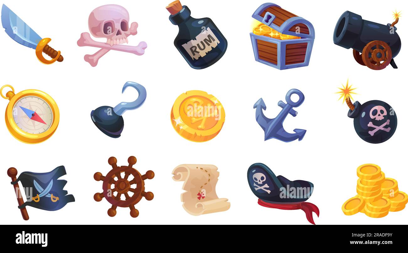 Pirate game icons. Pirate gear 3d object, old-pirate-collection ...