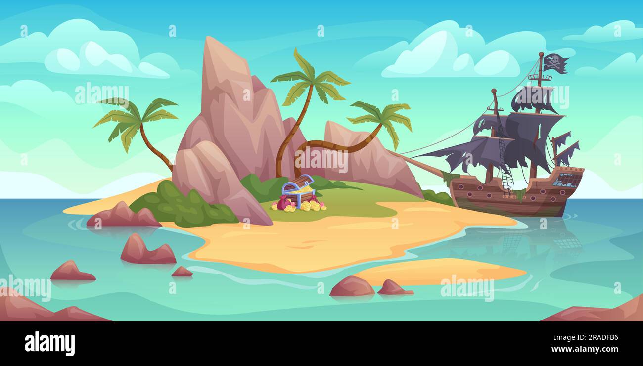 Cartoon pirate island. Wood shipwreck ship on sand beach with coin ...