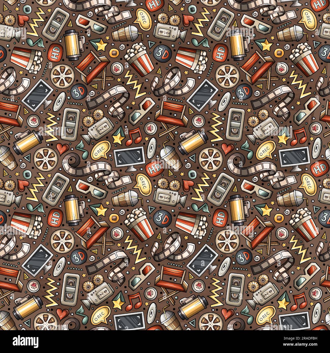 Cartoon cute hand drawn Cinema seamless pattern. Colorful with lots of ...