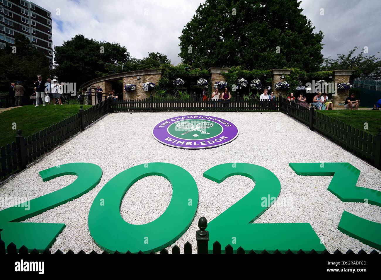 A 2023 Wimbledon Championships display on the hill on day one of the ...