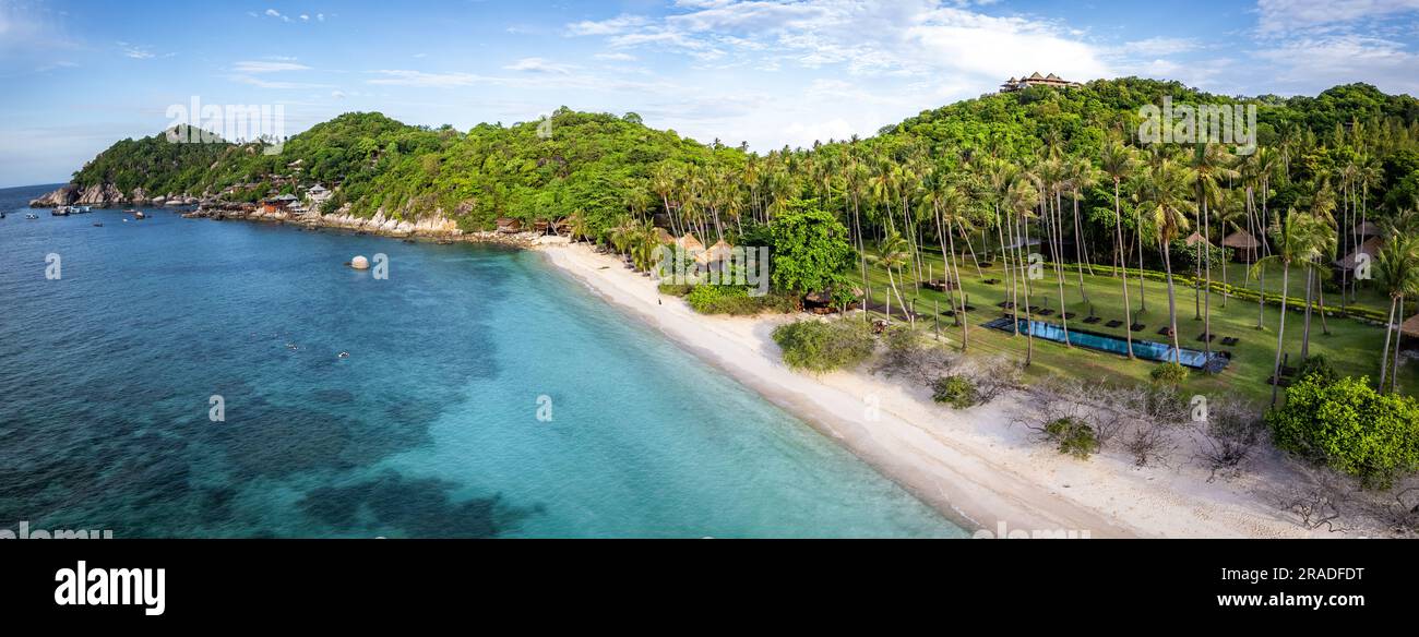 Aerial view of Haad Tien Beach and resort in Shark Bay, koh Tao ...