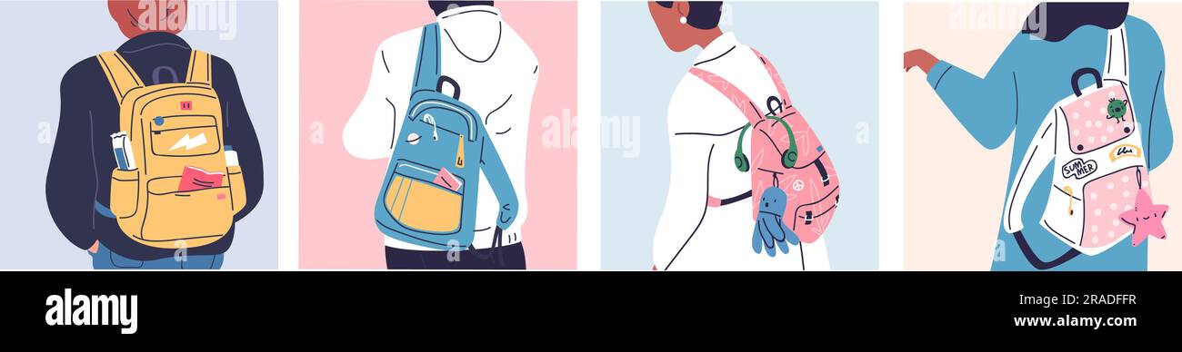 Students rear view. Backside teen student with backpack behind back ...