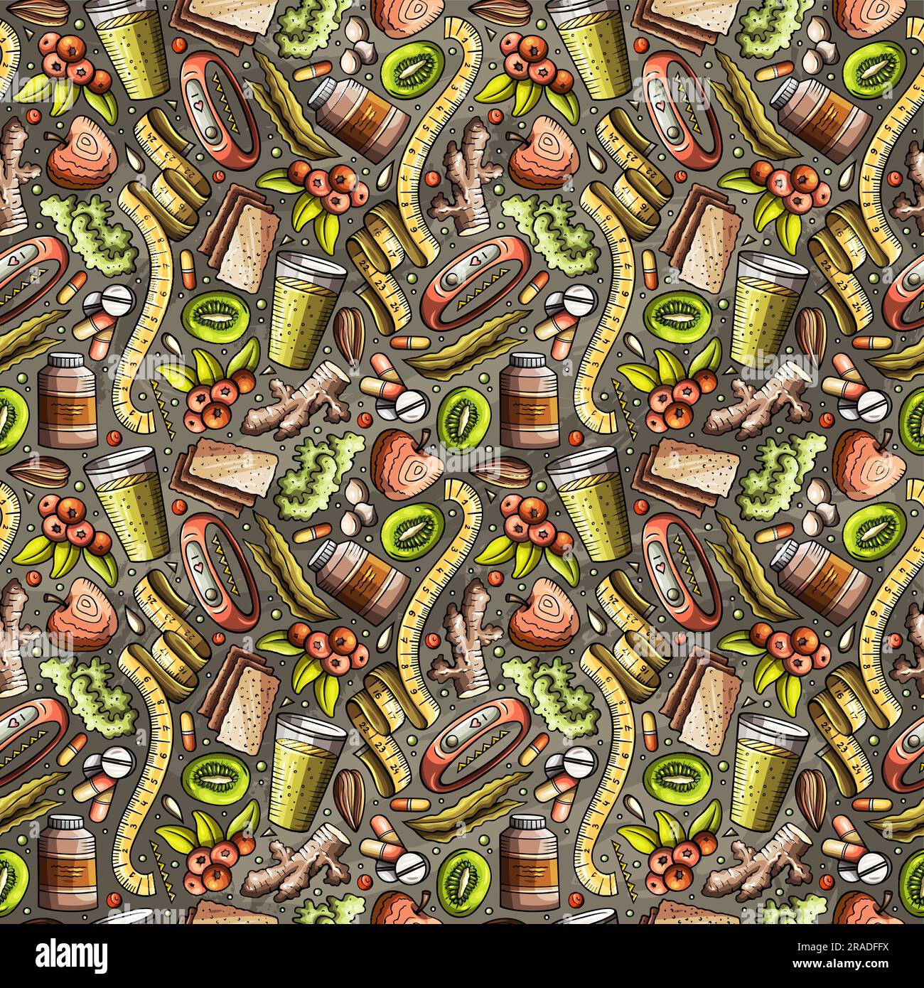 Cartoon cute doodles Diet food seamless pattern. Colorful detailed ...