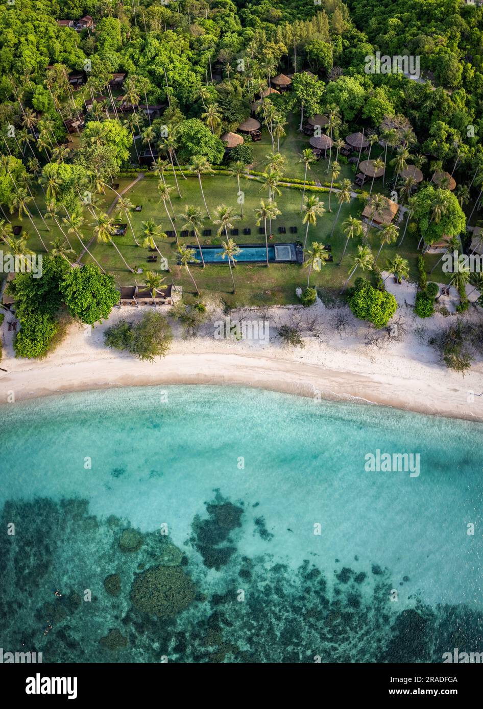 Aerial view of Haad Tien Beach and resort in Shark Bay, koh Tao ...