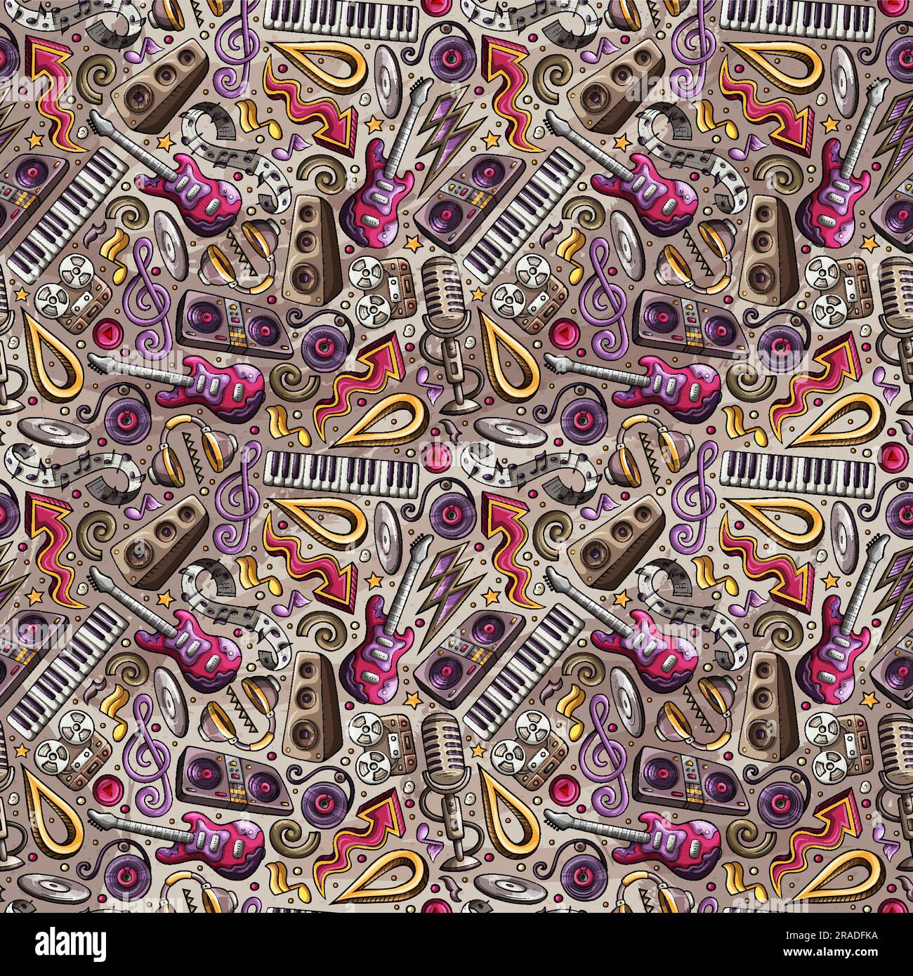 Cartoon cute doodles Disco music seamless pattern. Colorful detailed ...