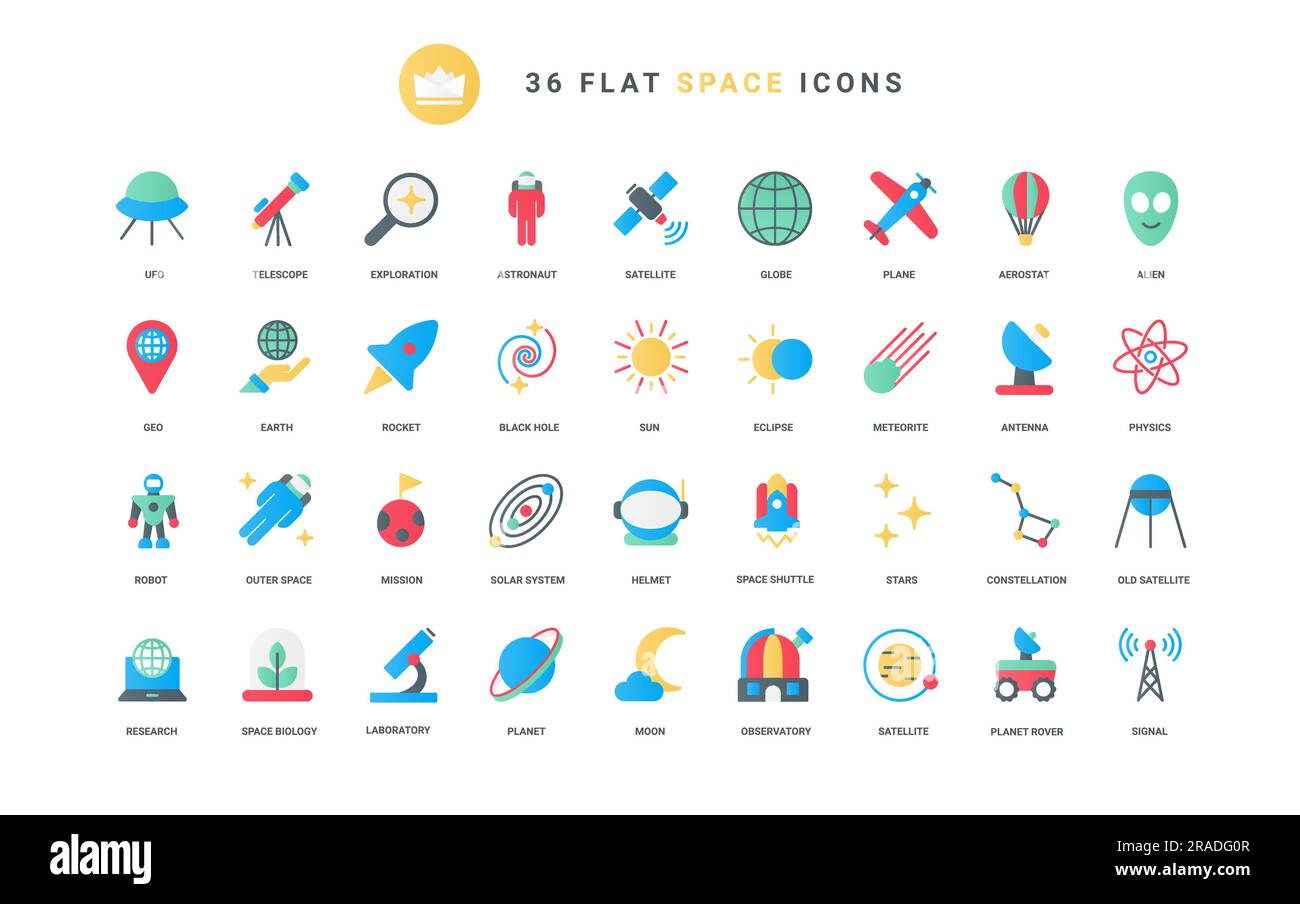 Rocket and planets of solar system and galaxy, astronaut and alien, satellite and asteroid ...