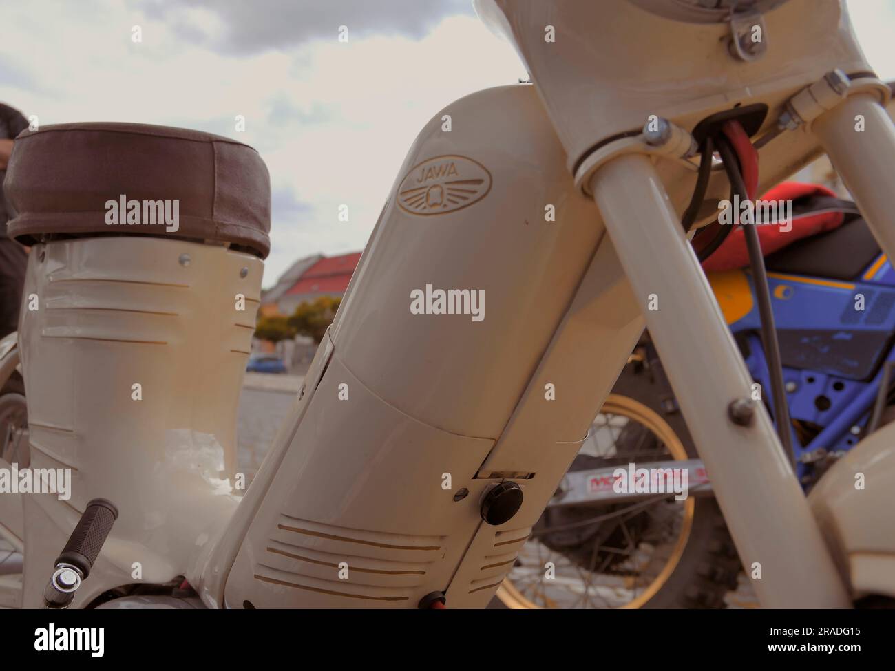 Close-up of logo on fuel tank of JAWA retro motorcycle. Detail of ...