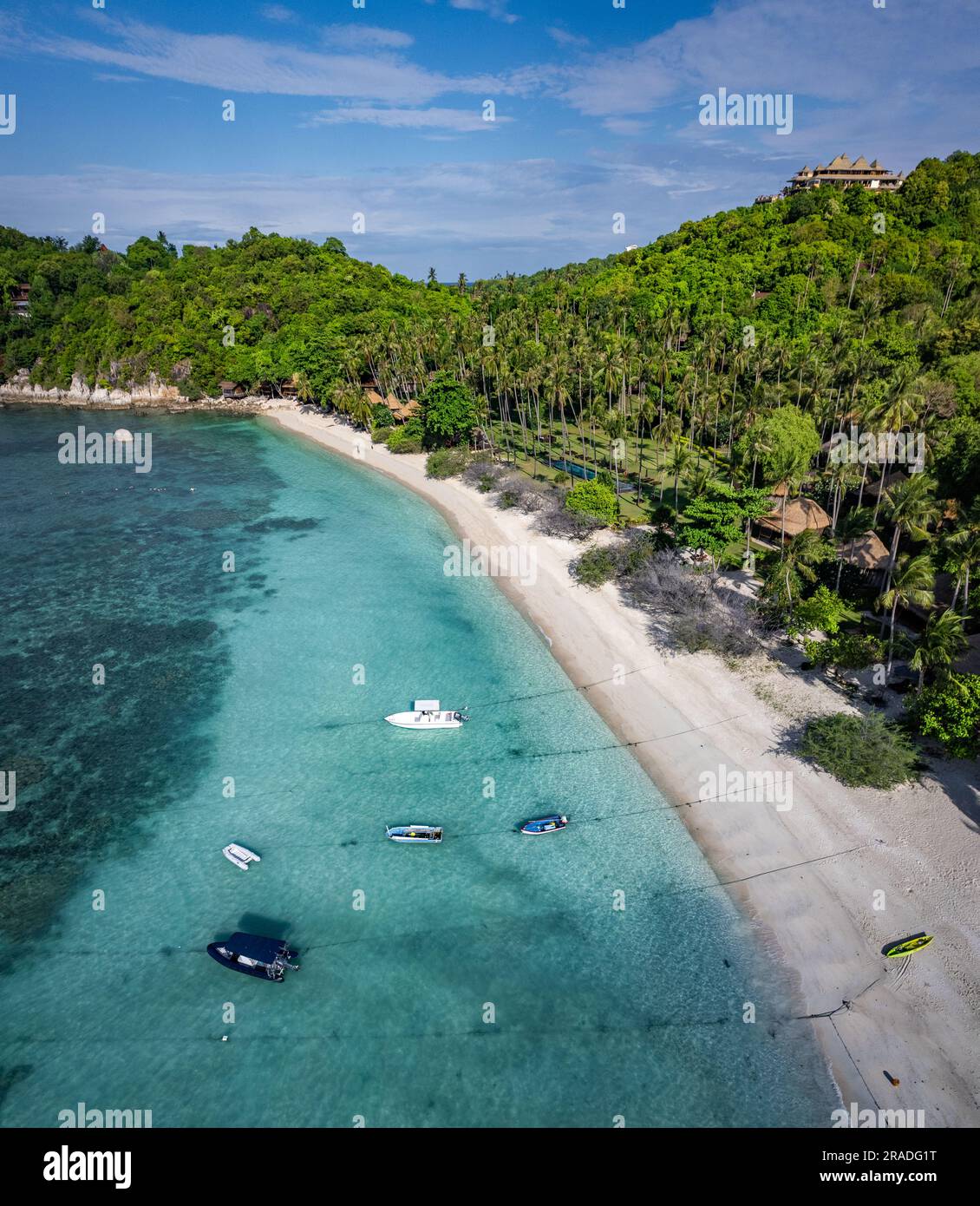 Aerial view of Haad Tien Beach and resort in Shark Bay, koh Tao ...