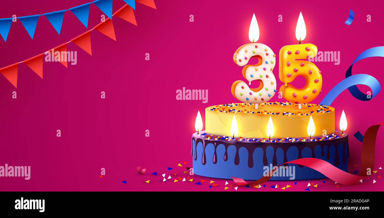 35 years anniversary. Cake with burning candles and confetti. Birthday ...