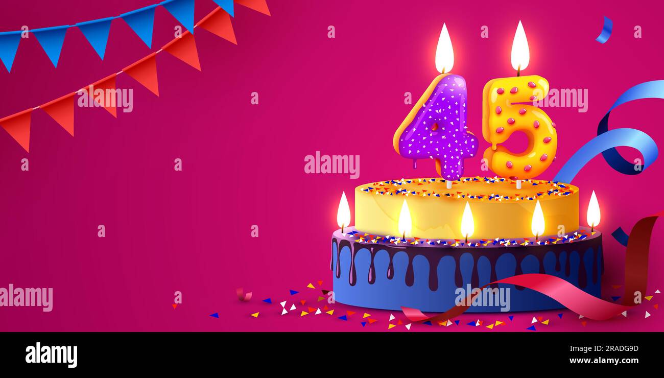 45 years anniversary. Cake with burning candles and confetti. Birthday ...