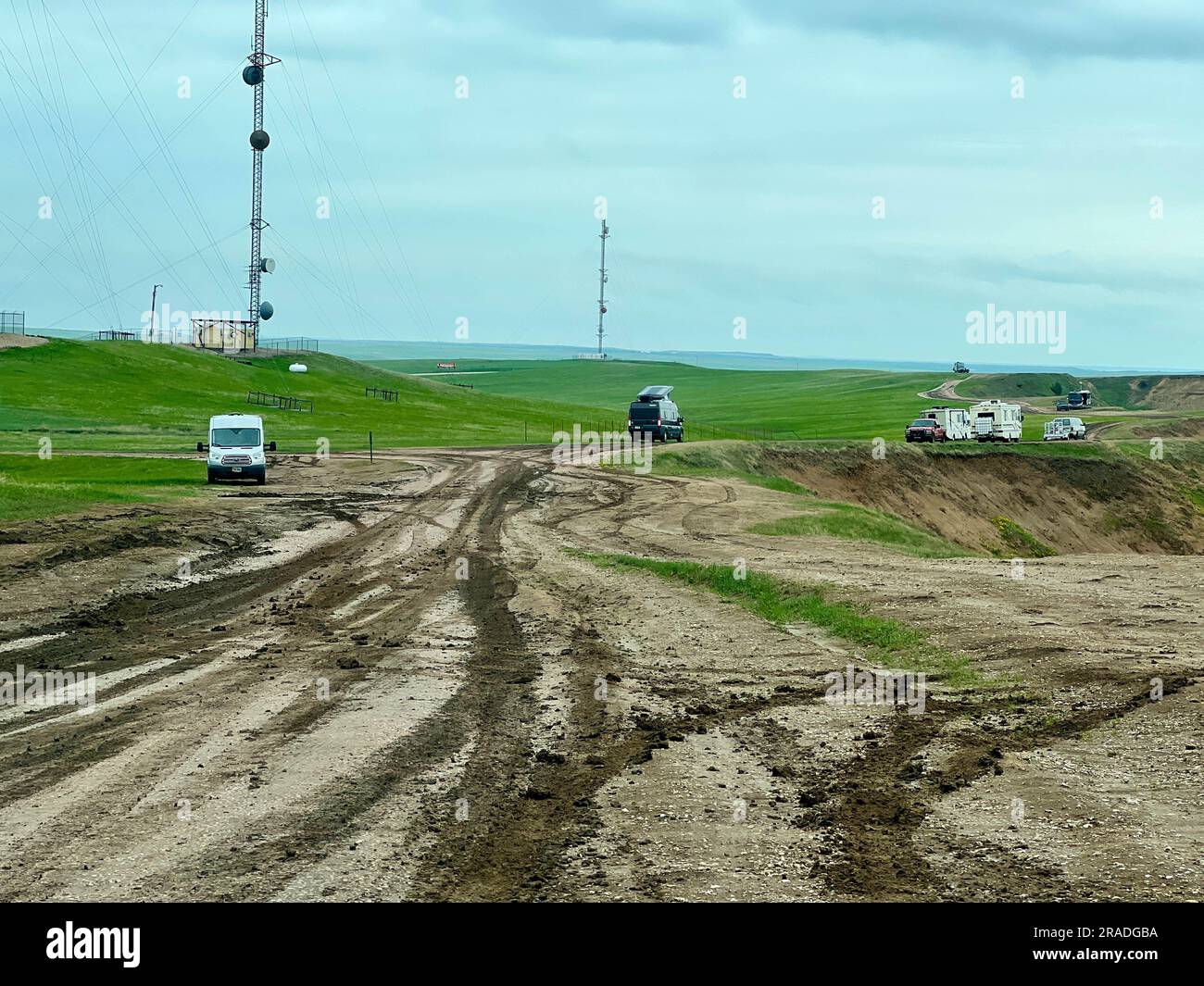 Wall, SD USA - May 13, 2023: The view of the muddy road where RVs are ...