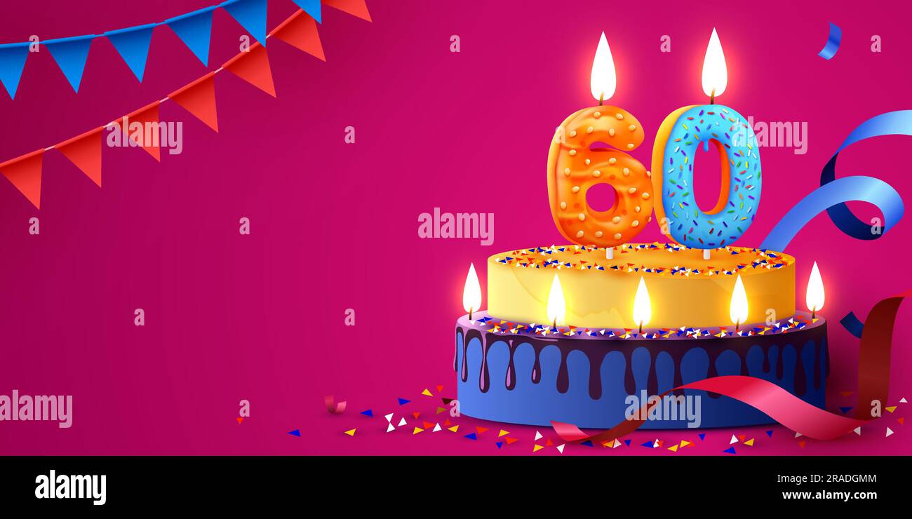 60 years anniversary. Cake with burning candles and confetti. Birthday ...