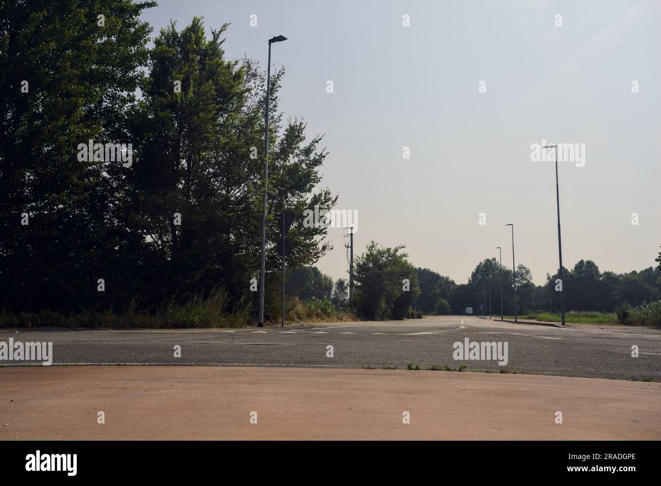 Road with an empty roundabout bordered by plants on a sunny day in the ...