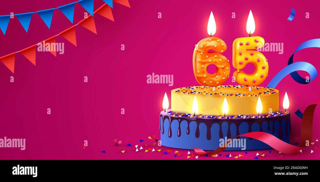 65 years anniversary. Cake with burning candles and confetti. Birthday ...