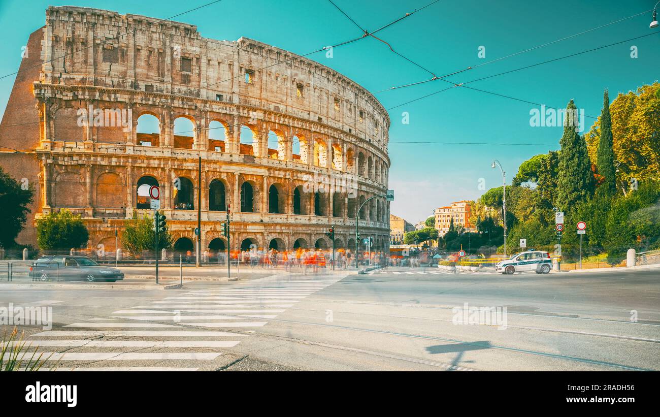 Rome, Italy. Colosseum. Traffic Near Flavian Amphitheatre. Famous ...