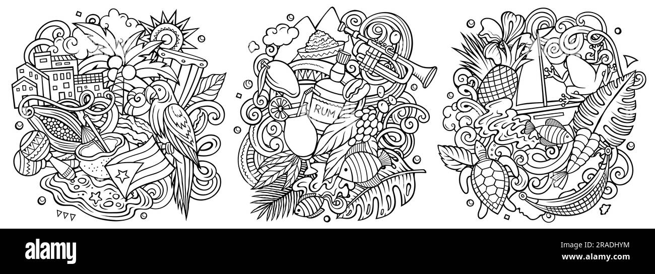 Puerto Rico cartoon vector doodle designs set. Line art detailed ...