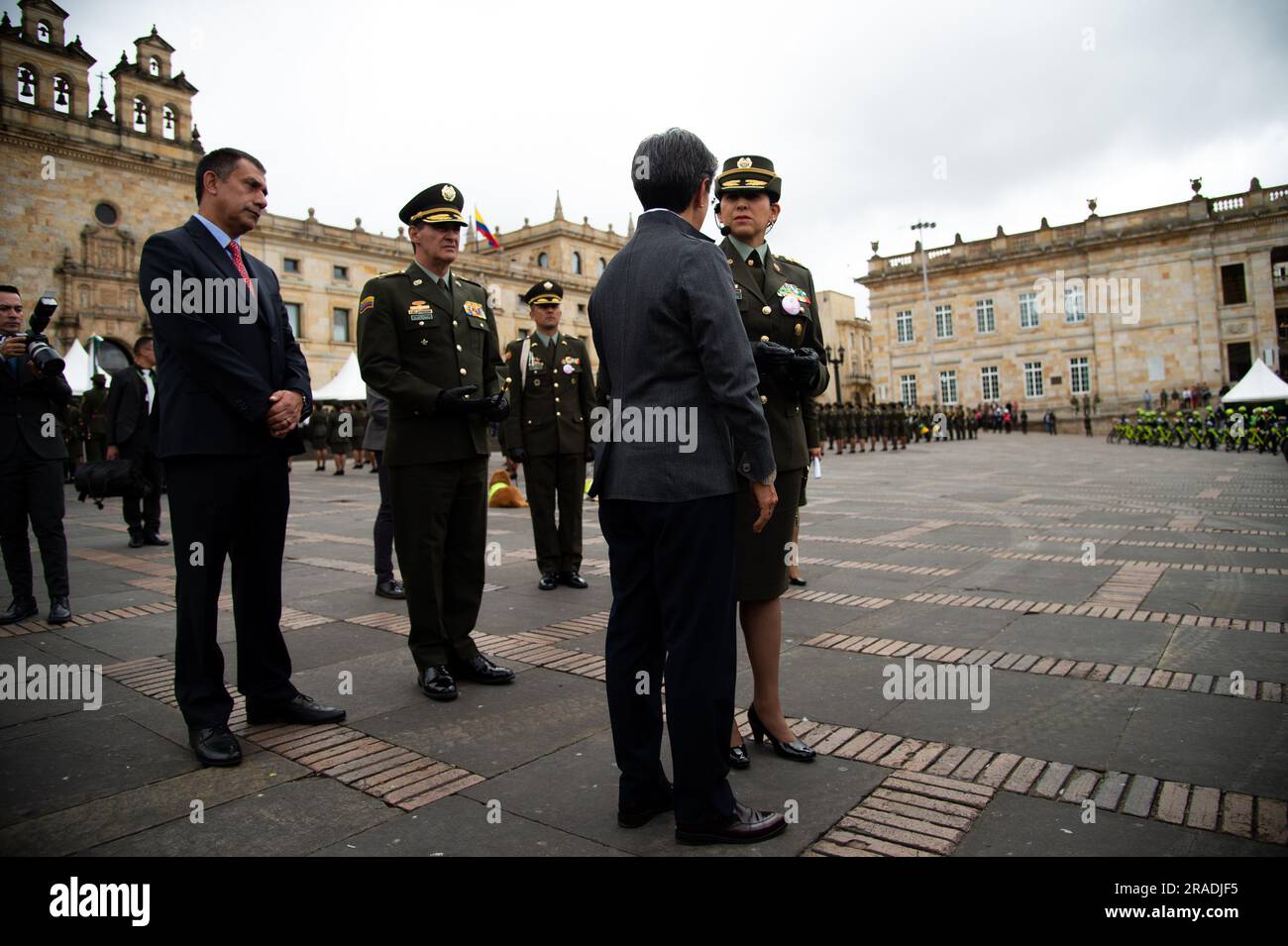 Bogota's mayor Claudia Lopez (L) greets the new commander of Bogota's ...