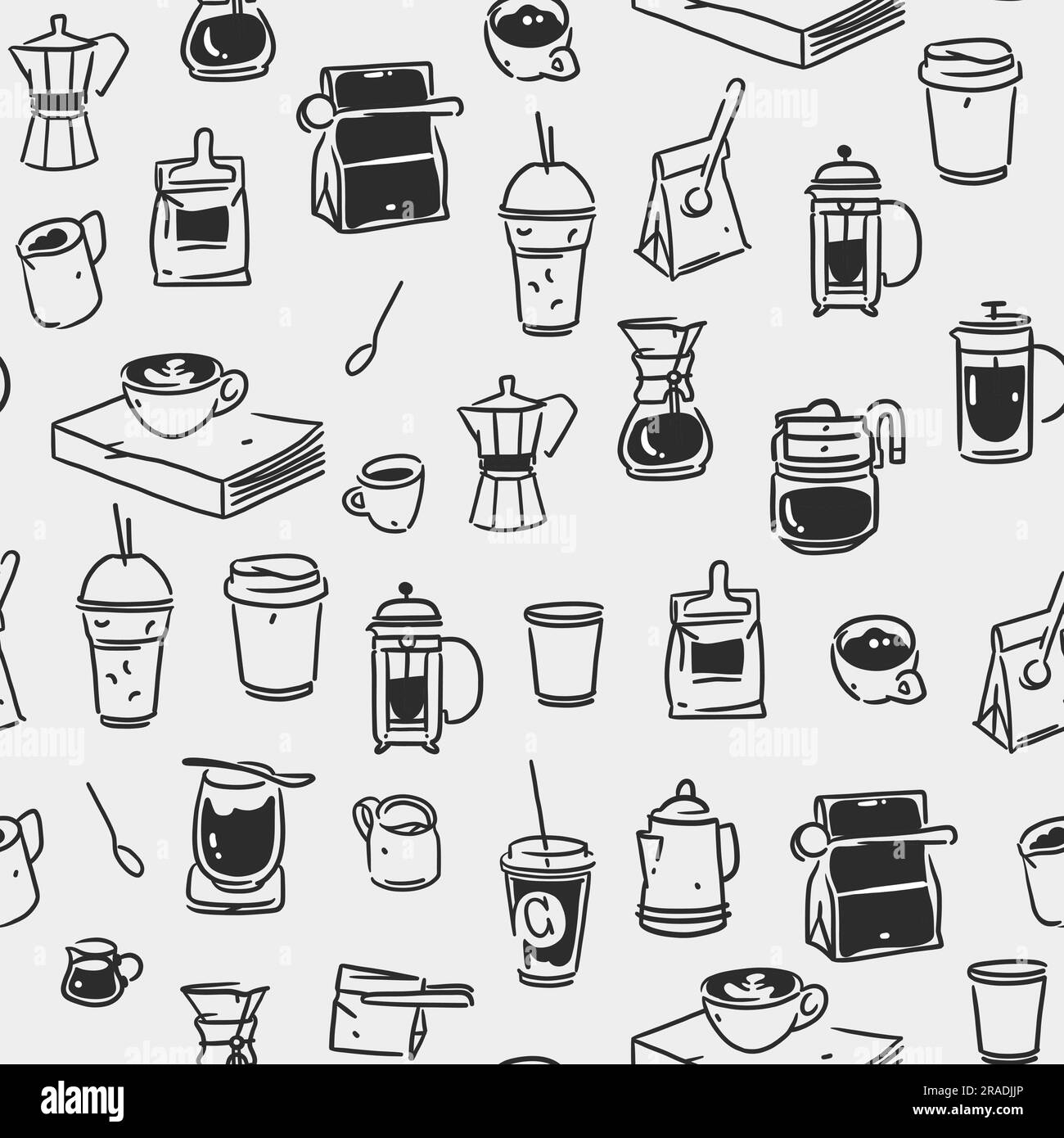 Hand drawn doodle coffee tools seamless pattern.Trending vector doodle ...