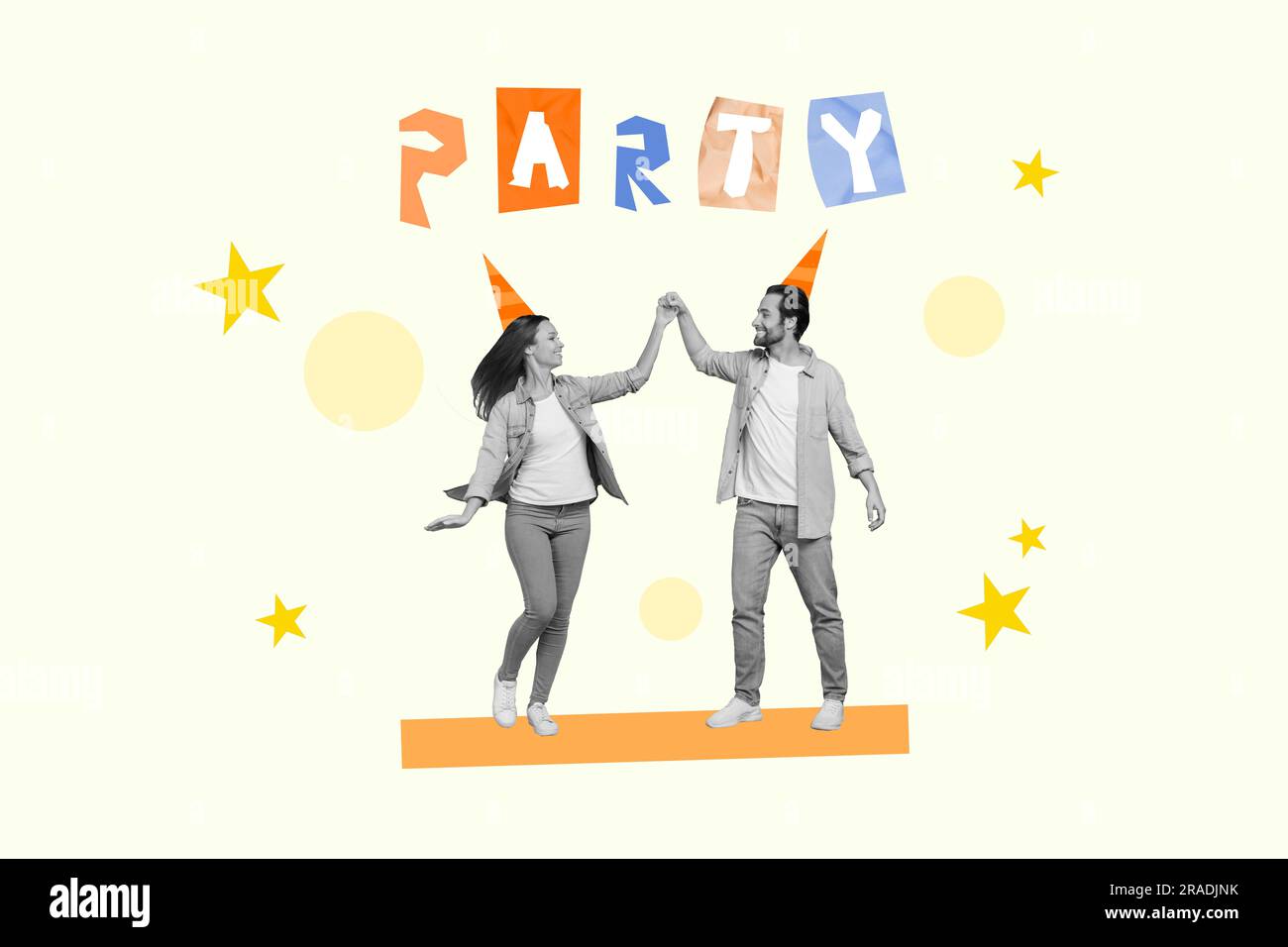 Banner placard collage of two youth people dancing chilling weekend ...