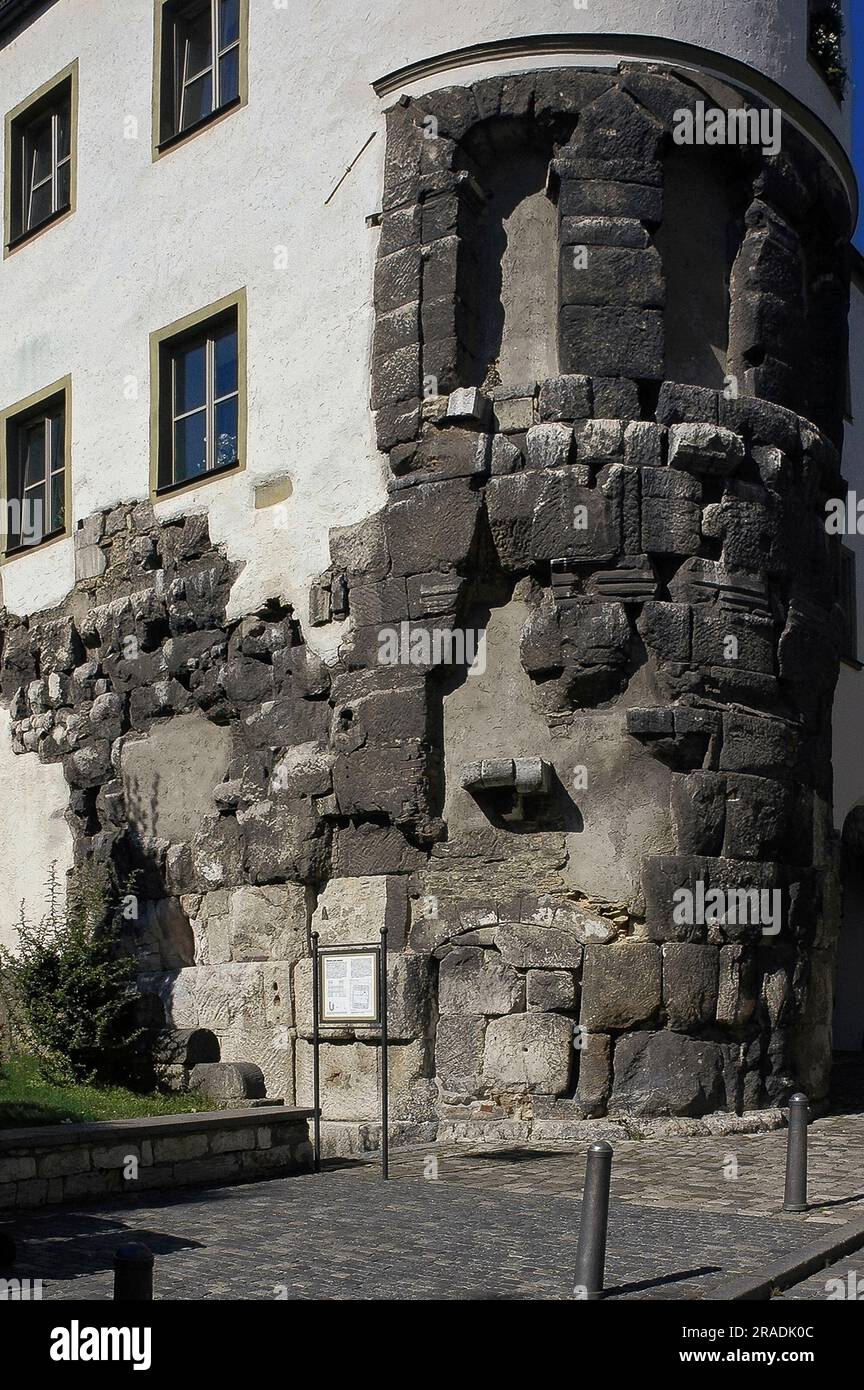 Remains of an 11 metre-high Roman tower, built in 179 AD, in Regensburg ...