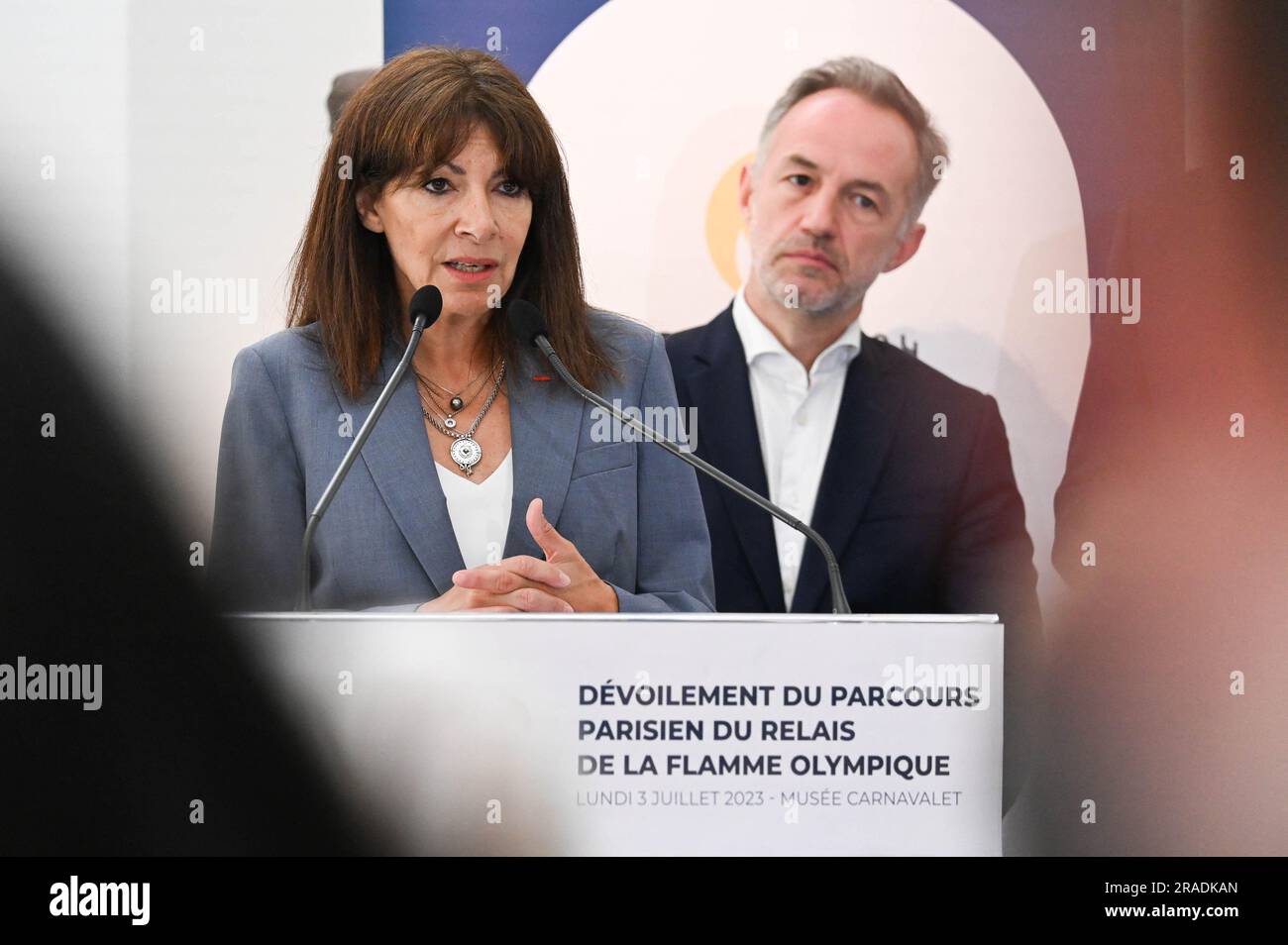 Anne Hidalgo, Mayor of Paris, unveil the Parisian route of the Olympic Flame at the emblematic ...