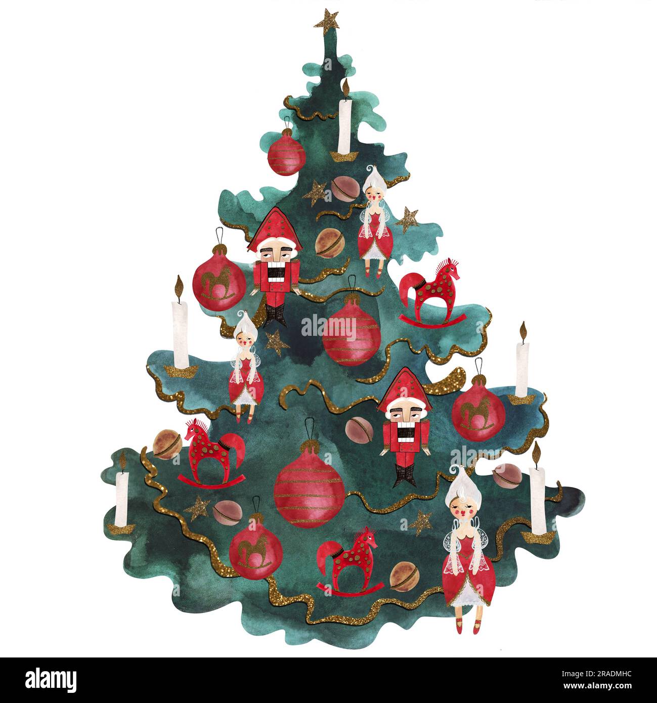 Watercolor decorated christmas tree. Isolated illustration. Clipart ...