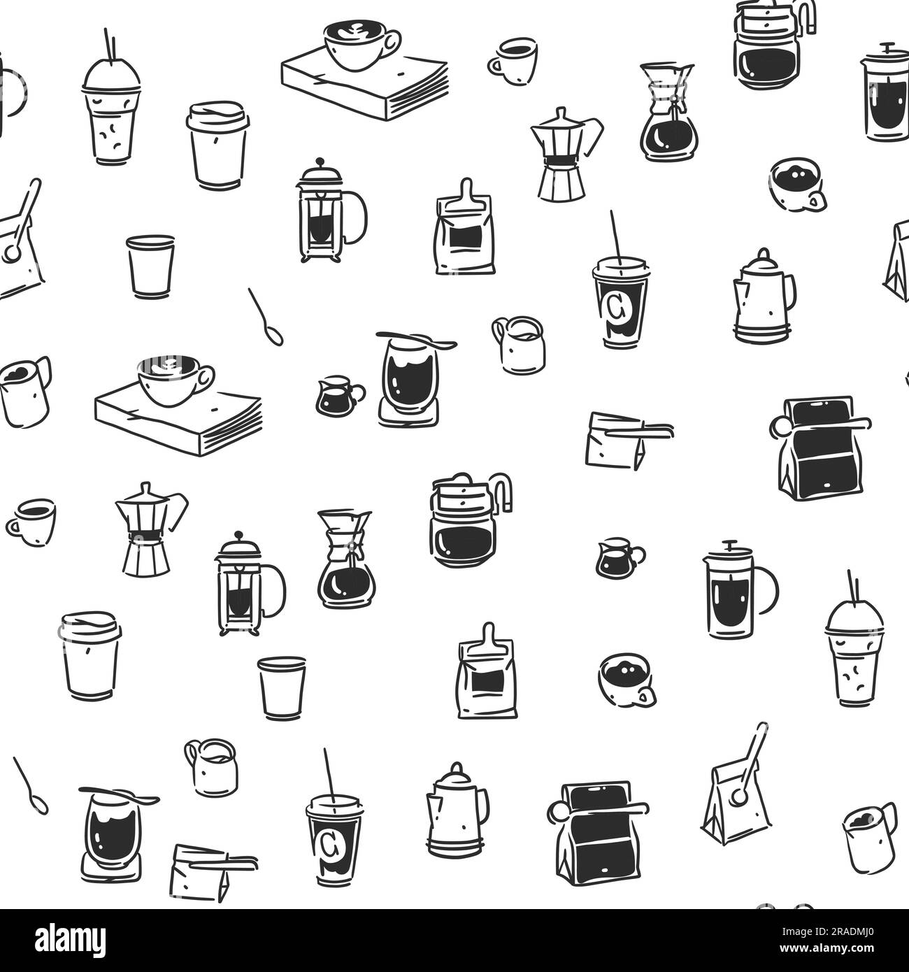 Hand drawn doodle coffee tools seamless pattern.Trending vector doodle ...