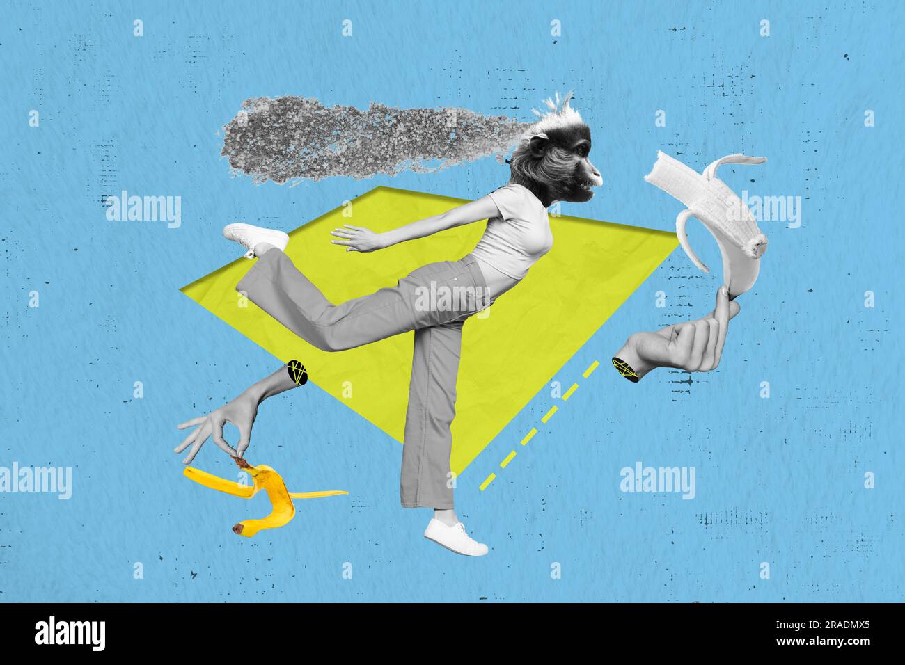 Collage image of black white effect girl monkey head stand one leg big ...