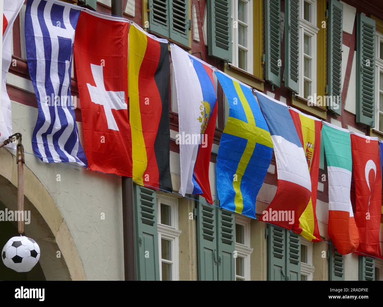 European flags on a half-timbered house, European Football Championship ...