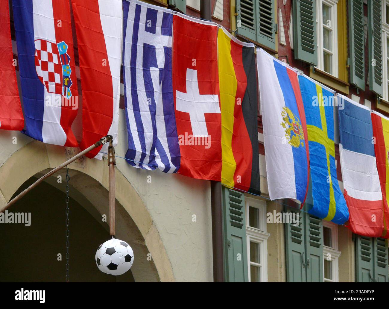 European flags on a half-timbered house, European Football Championship ...