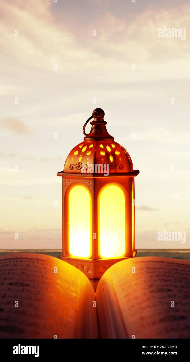 Quran and Arabic lamp with bright light with the sky background Stock ...