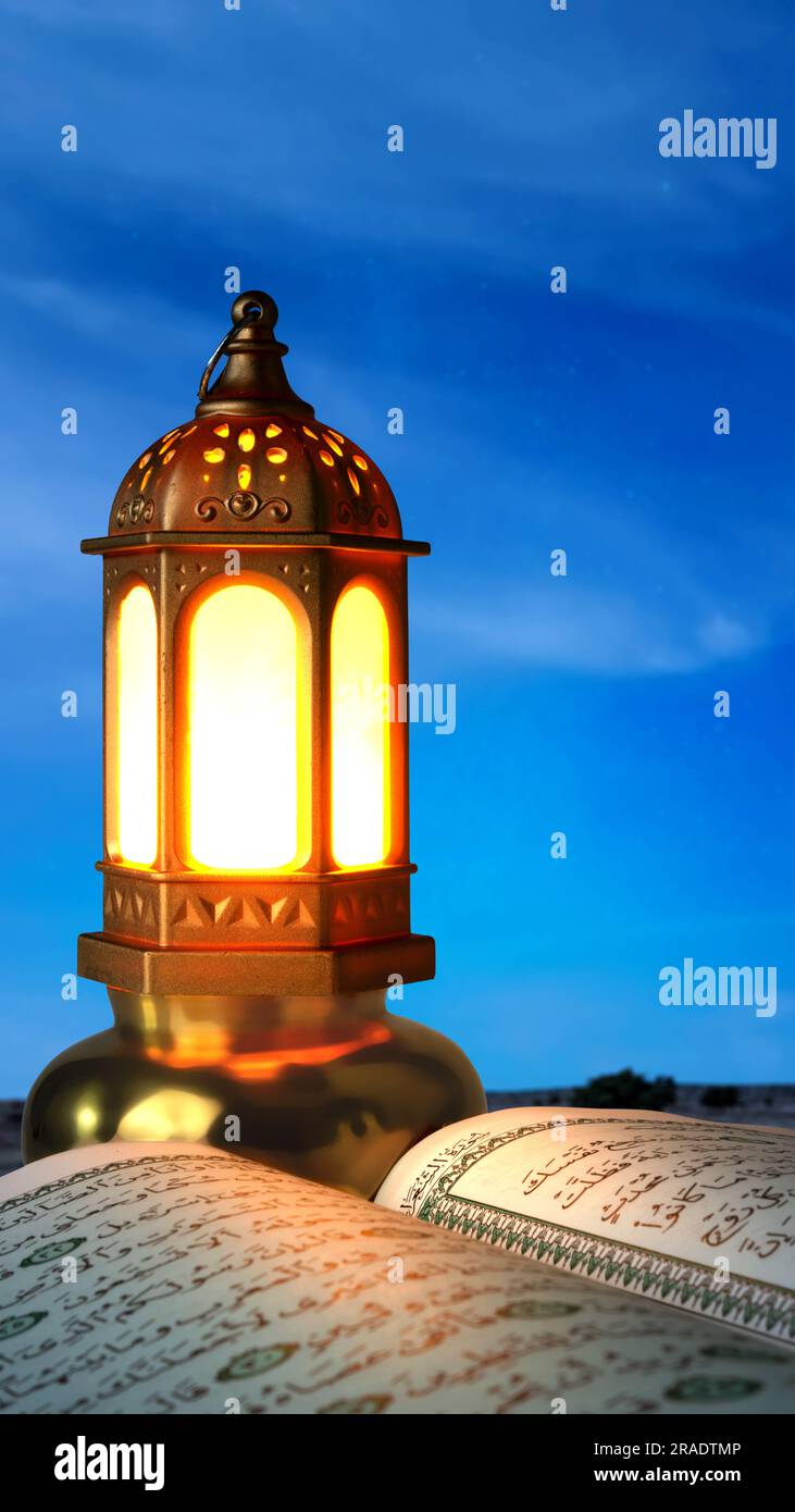 Quran and Arabic lamp with bright light with the night scene background ...