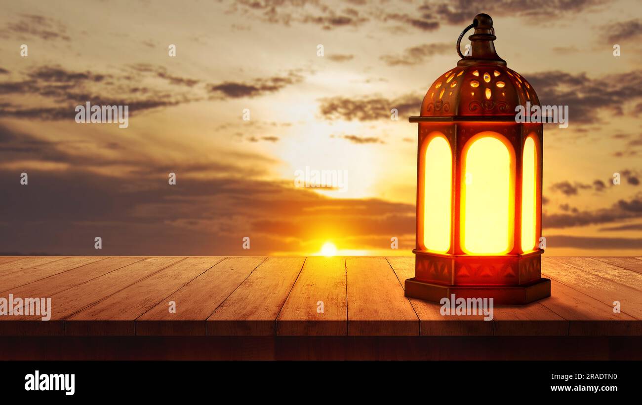 Arabic lamp with bright light on wooden table with the sunset scene ...